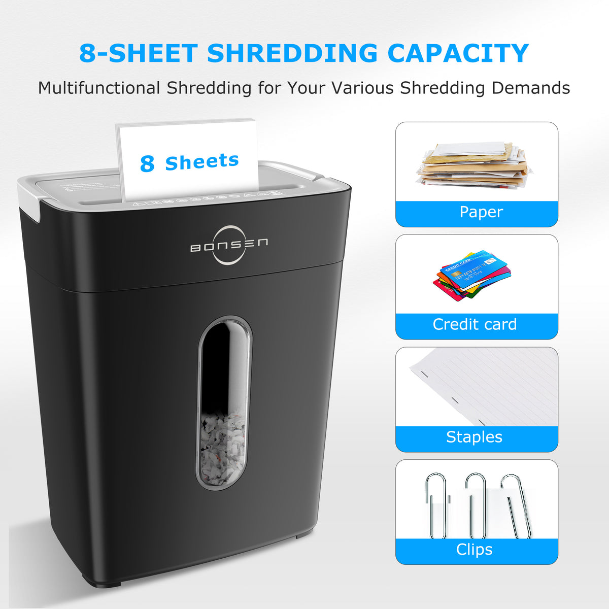 BONSEN 8-Sheet Cross Cut Paper Shredder with 4 Gallons Wastebasket, Co ...